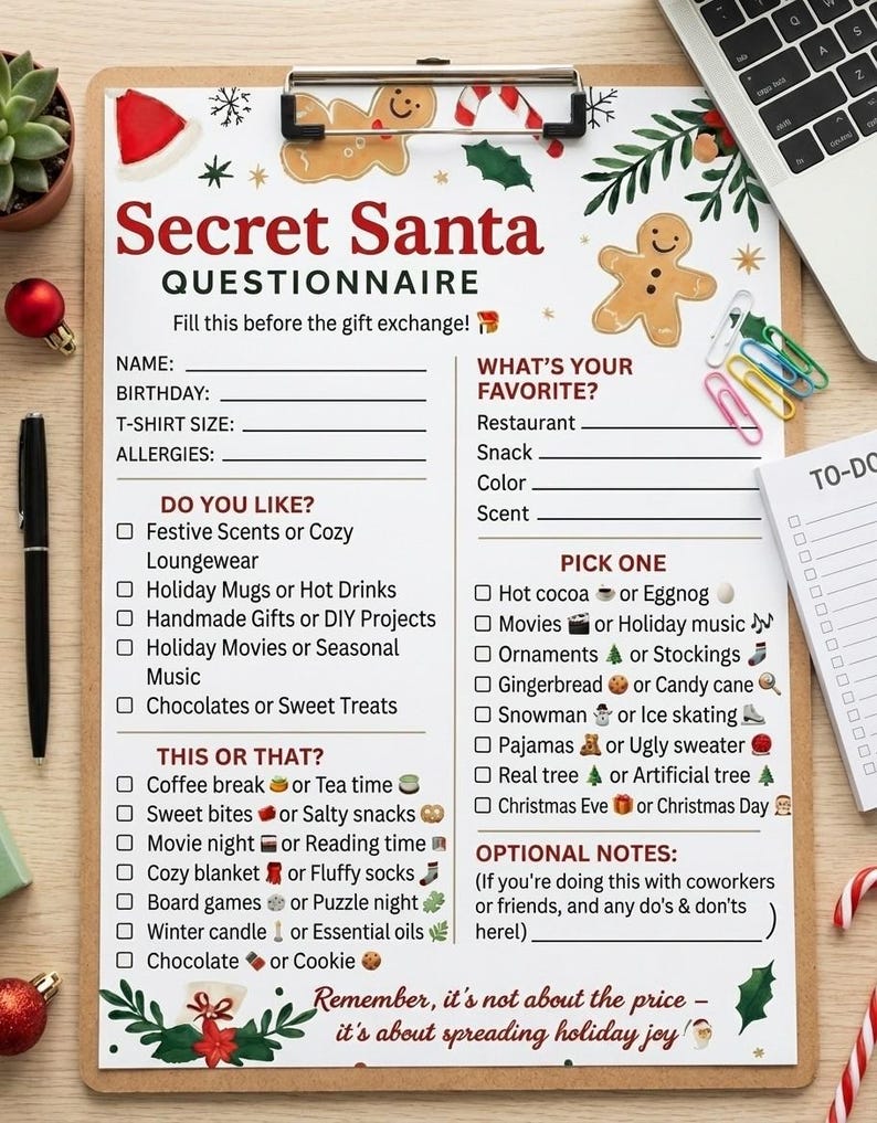 Secret Santa Questionnaire Printable – Christmas Gift Exchange Form ...