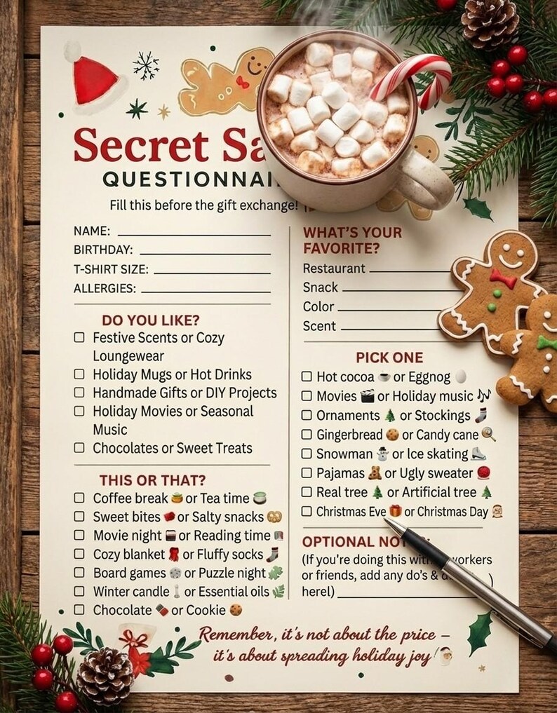 Secret Santa Questionnaire Printable – Christmas Gift Exchange Form ...