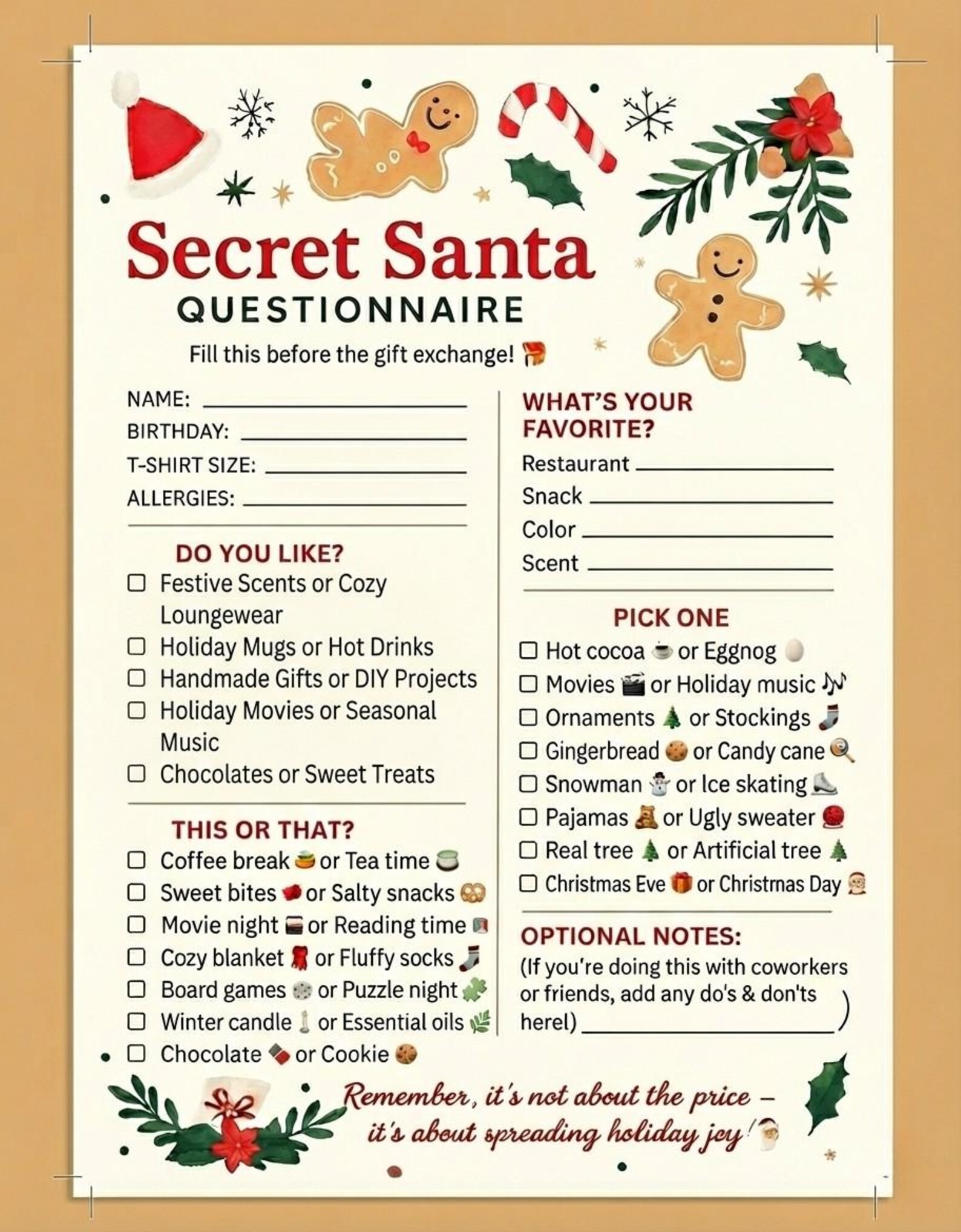 Secret Santa Questionnaire Printable – Christmas Gift Exchange Form ...