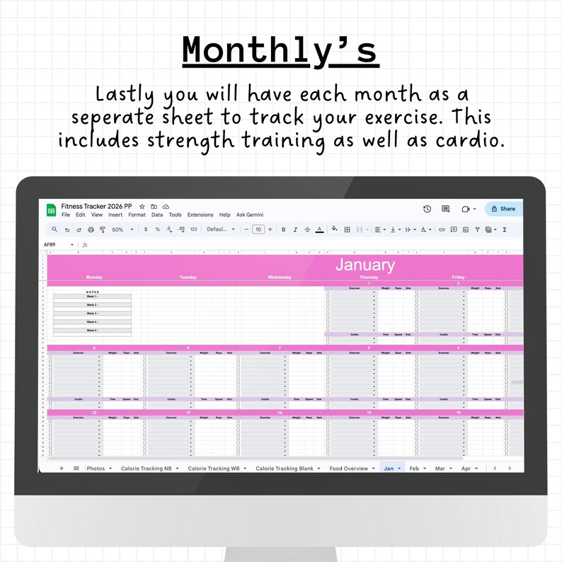 2026 Fitness Tracker Spreadsheet | Google Sheets Workout, Calorie ...