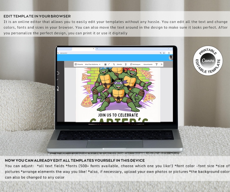 Editable Ninja Turtle Birthday Invitation: Kids Party Template (digital ...