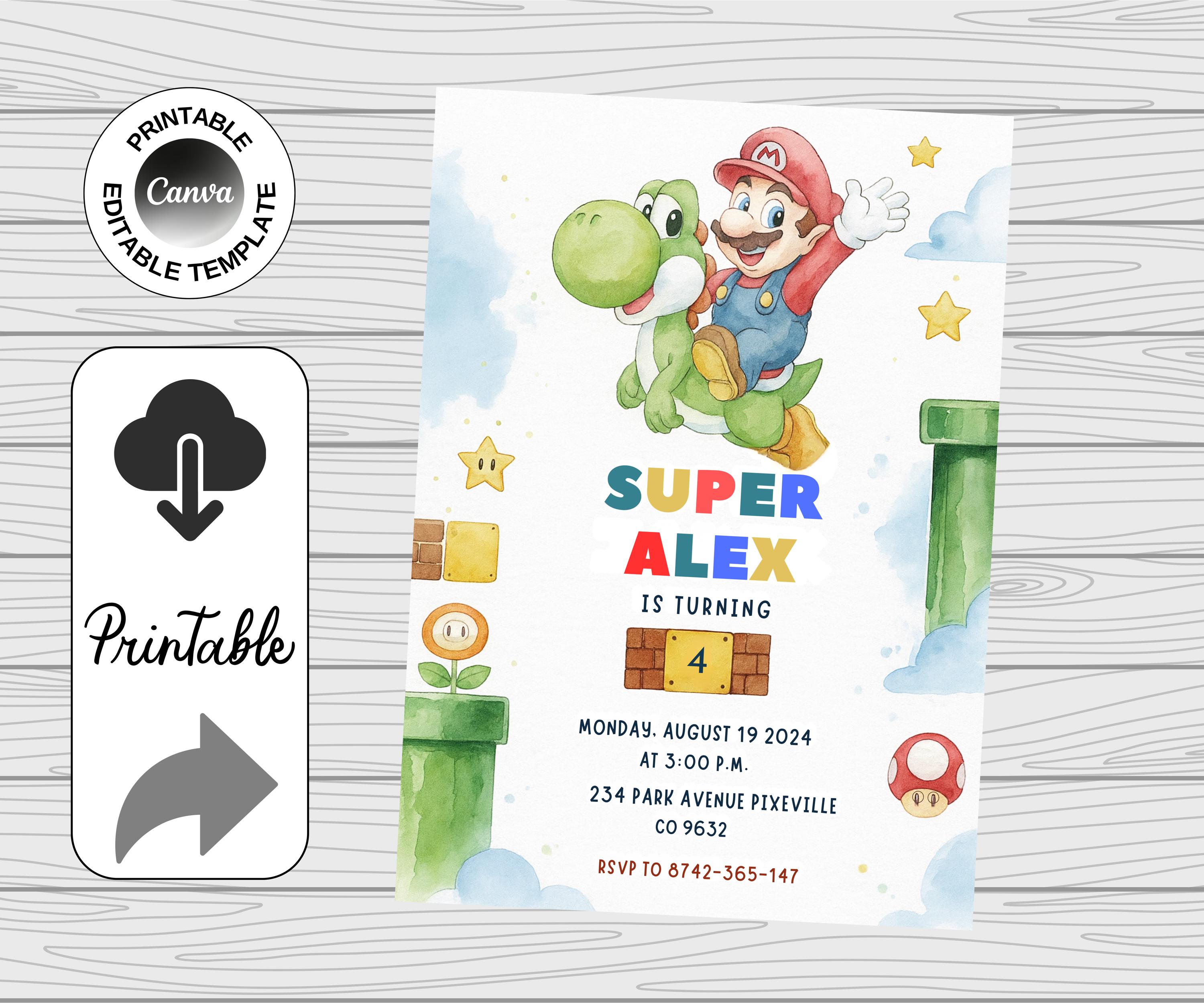 Editable Watercolor Super Mario Birthday Invitation, ANY AGE Nitendo ...