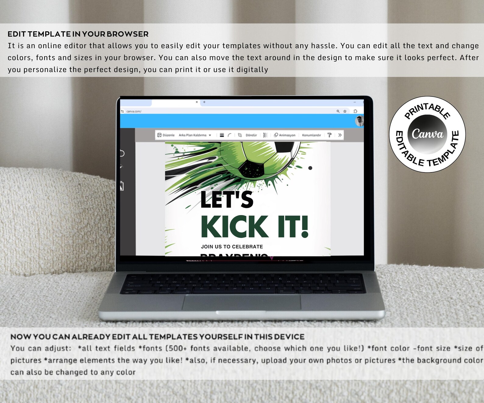 Editable Soccer Birthday Invitation: Kids Football Party, Canva ...