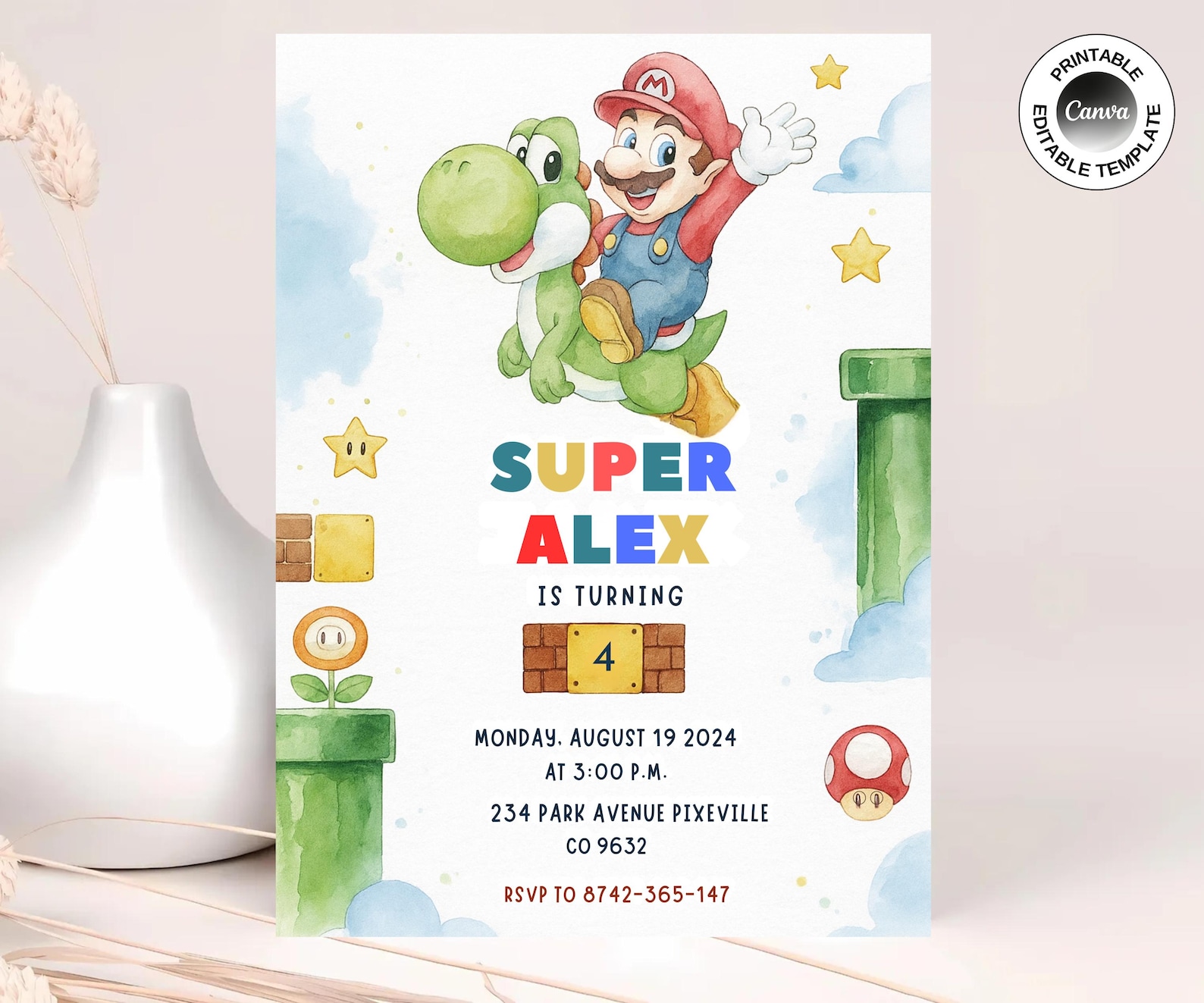 Editable Watercolor Super Mario Birthday Invitation, ANY AGE Nitendo ...