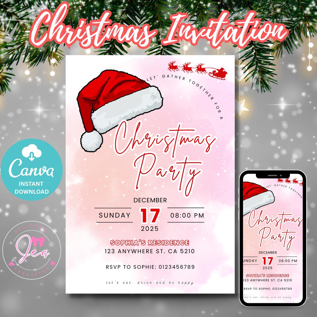 Editable Christmas Party Invitation Printable Holiday Invite Santa Hat ...