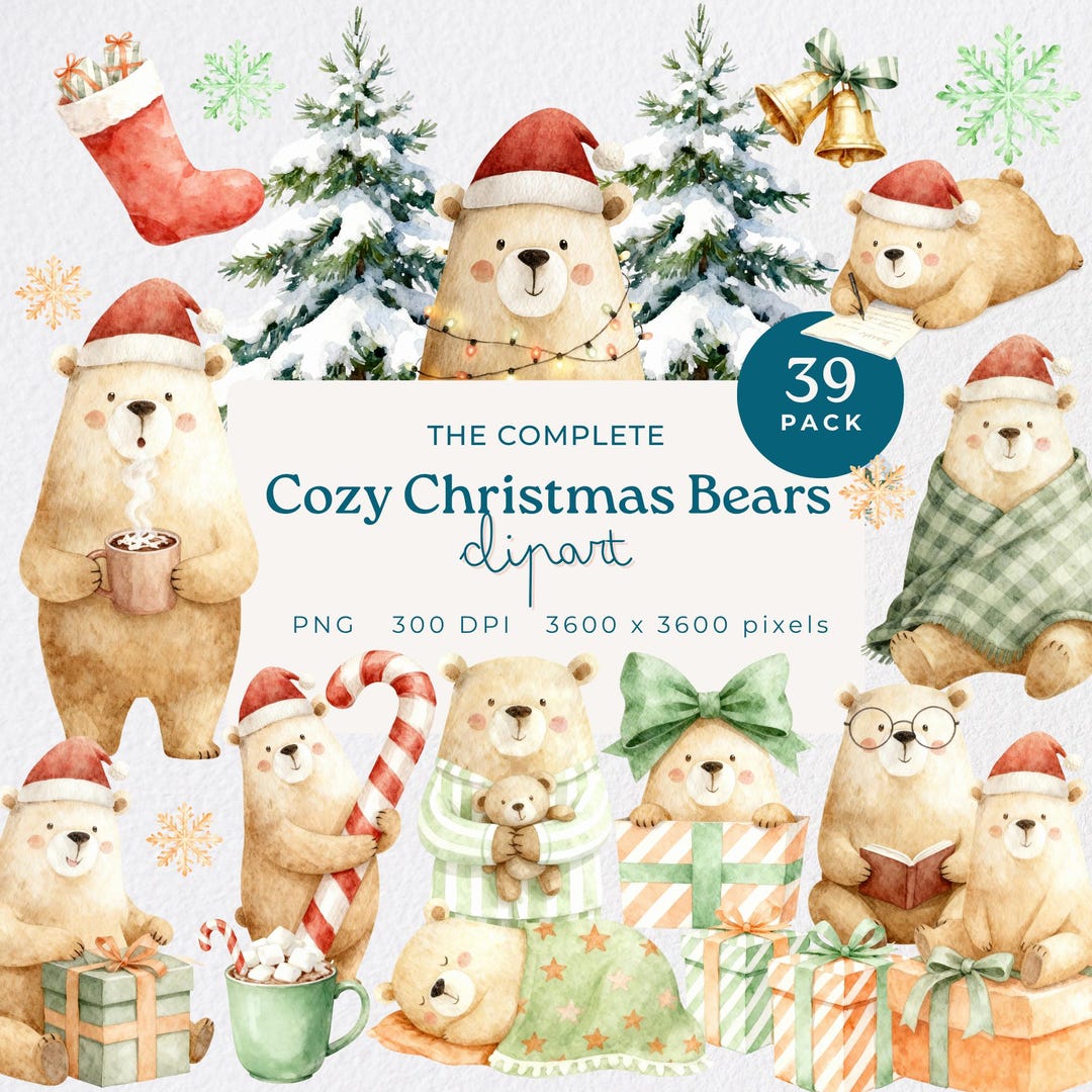 Cozy Christmas Bears Clipart, Watercolor Bear PNG, Holiday Bear ...