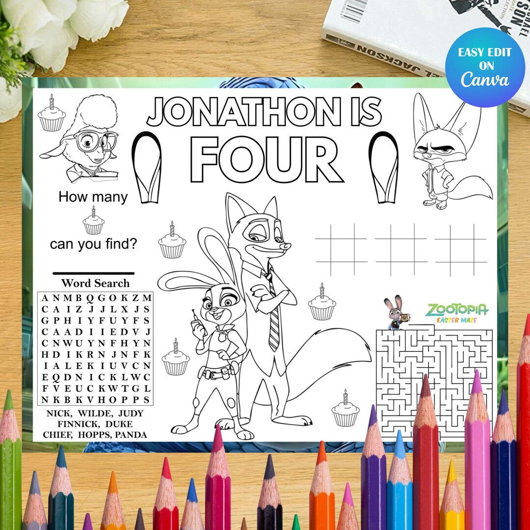 Placemat Zootopia Birthday Coloring Pages Activity Sheet Kids Practice ...