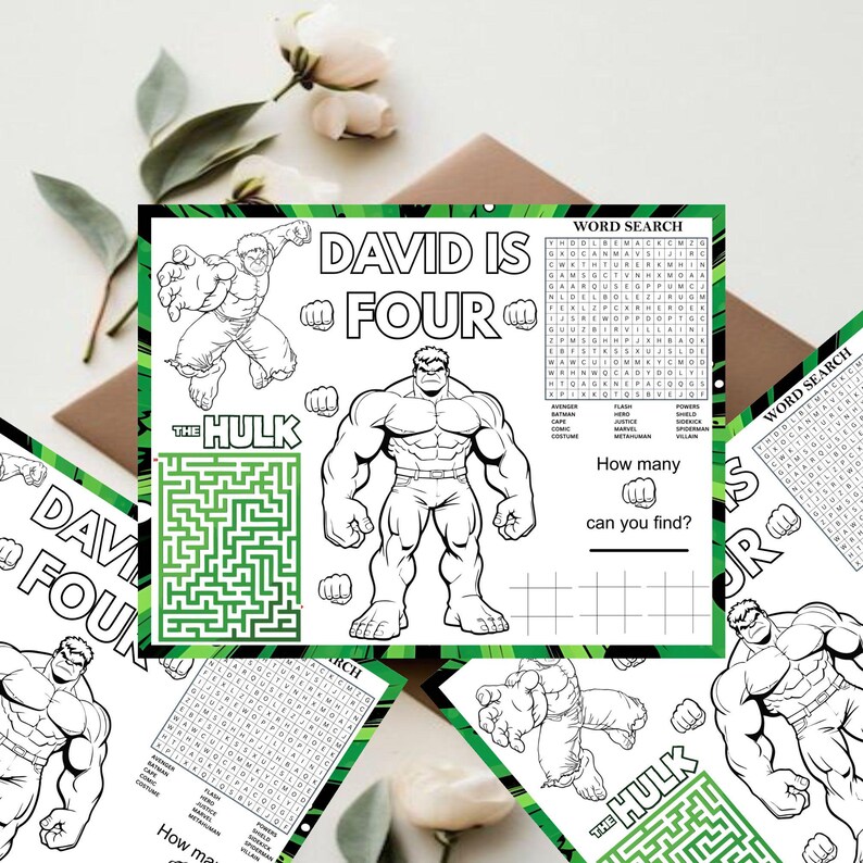 Placemat Hulk Birthday Coloring Pages Activity Sheet Kids Practice Game ...