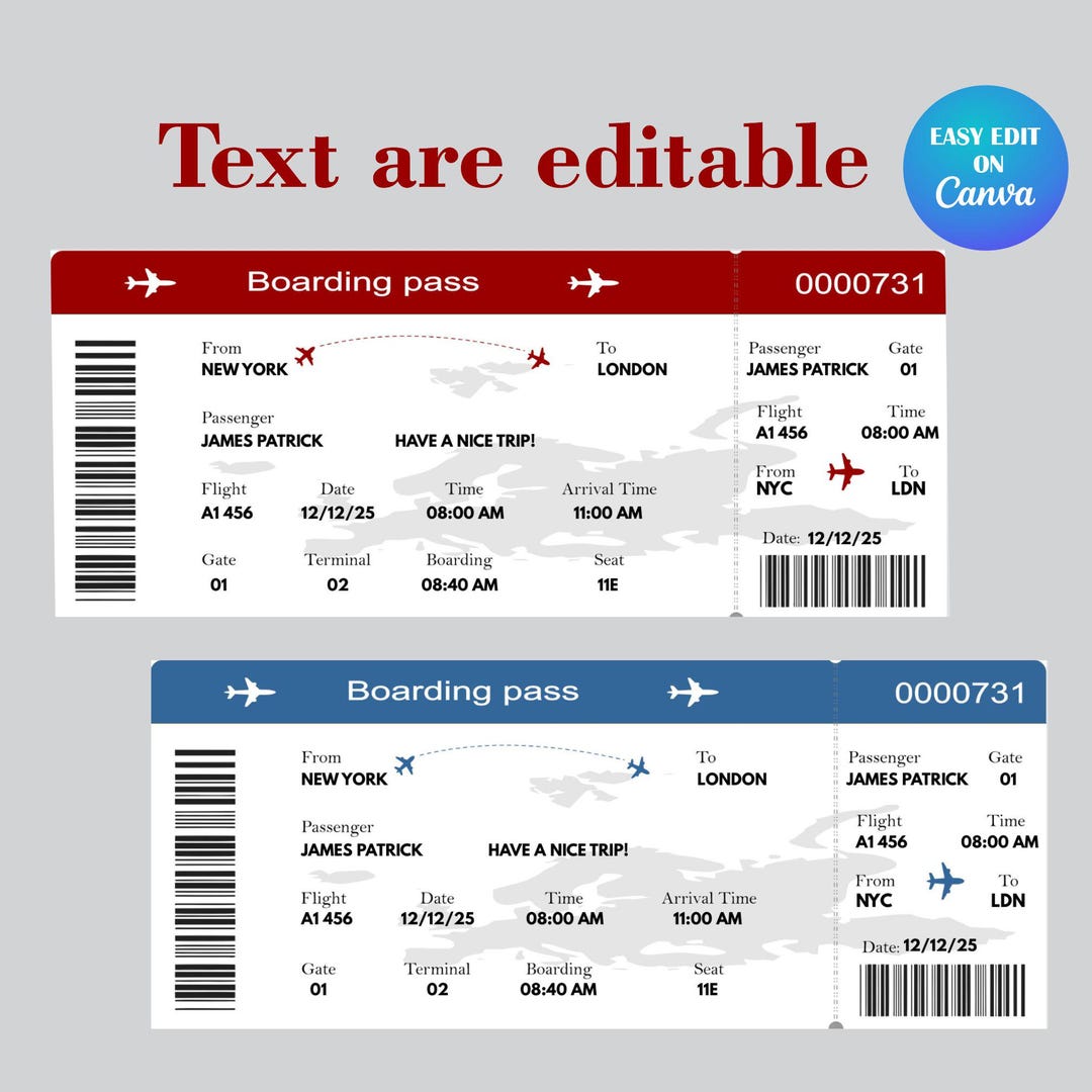 Editable Boarding Pass Template Personalized Travel Gift Printable ...