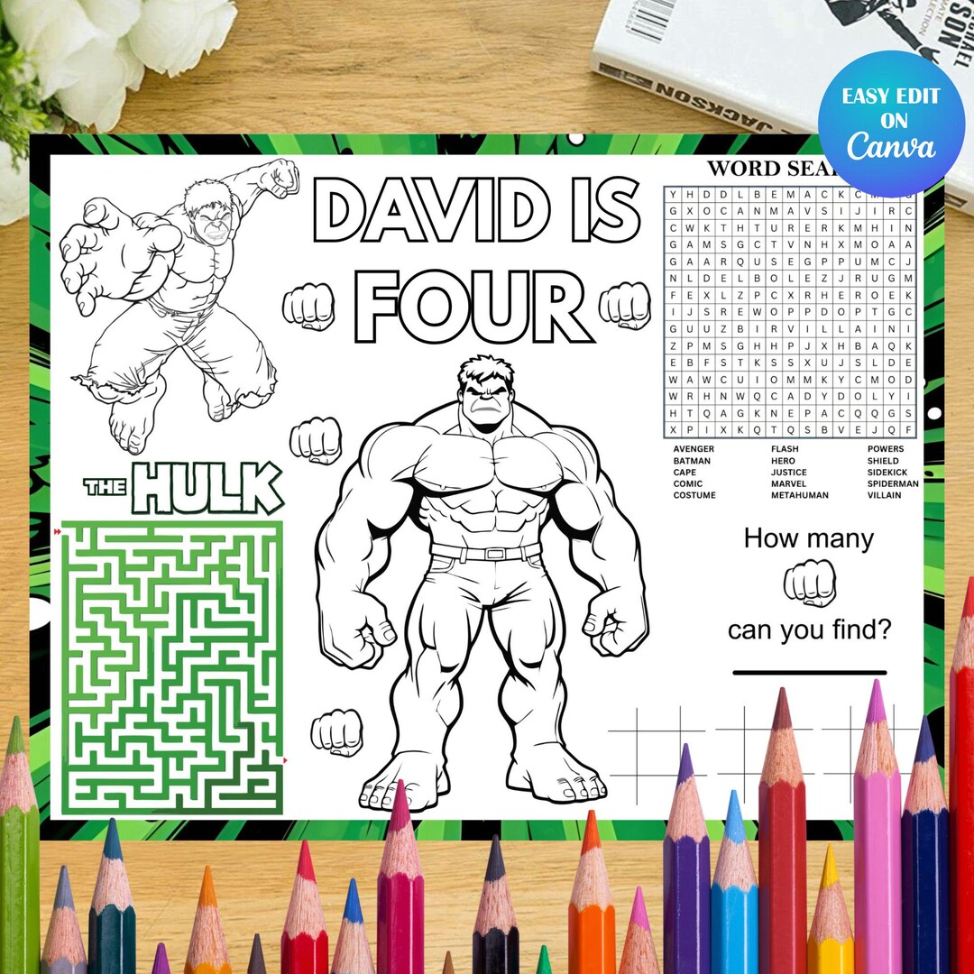 Placemat Hulk Birthday Coloring Pages Activity Sheet Kids Practice Game ...