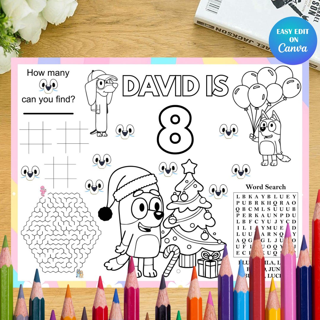 Placemat Bluey Birthday Coloring Pages Activity Sheet Kids Practice ...