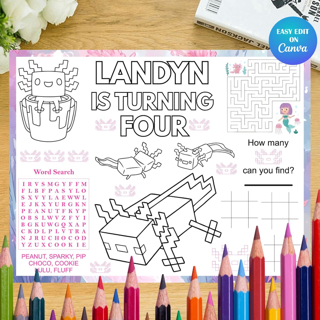 Placemat Minecraft Axolotl Birthday Coloring Pages Activity Sheet Kids ...