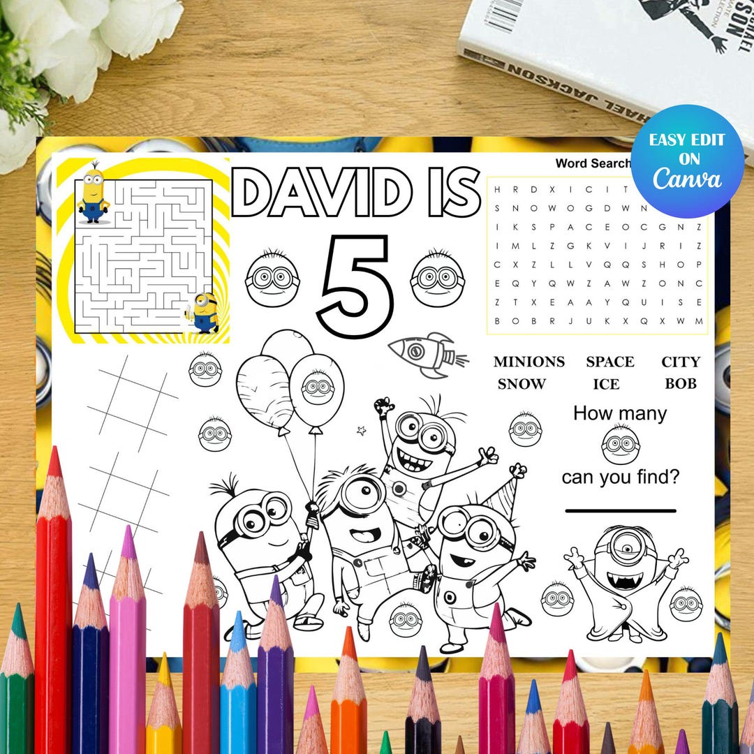 Placemat Minions Birthday Coloring Pages Activity Sheet Kids Practice ...