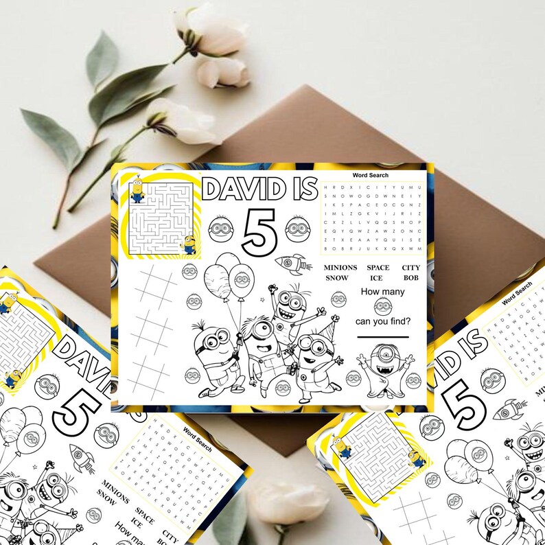 Placemat Minions Birthday Coloring Pages Activity Sheet Kids Practice ...
