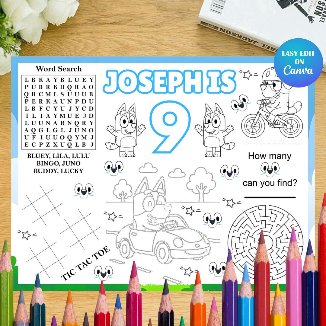 Placemat Bluey Birthday Coloring Pages Bucky Activity Sheet Kids ...