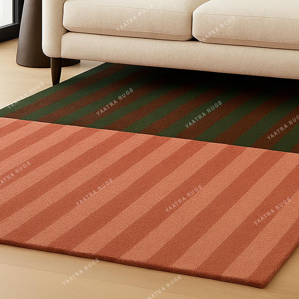Rust & Green Hand-tufted Stripe Pattern Rug | Modern Wool Area Carpet ...