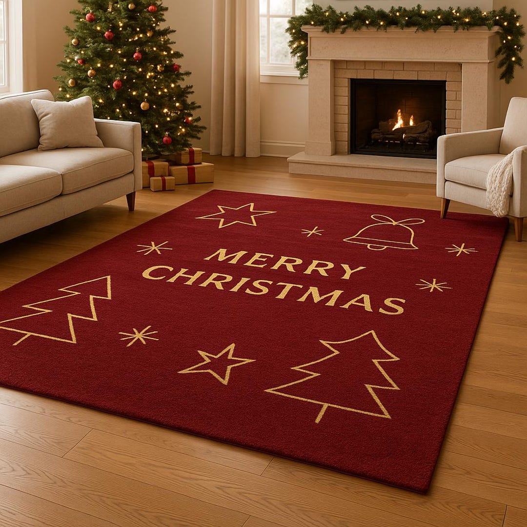 Merry Christmas Wool Rug – Red Holiday Carpet With Gold Tree Design - Etsy