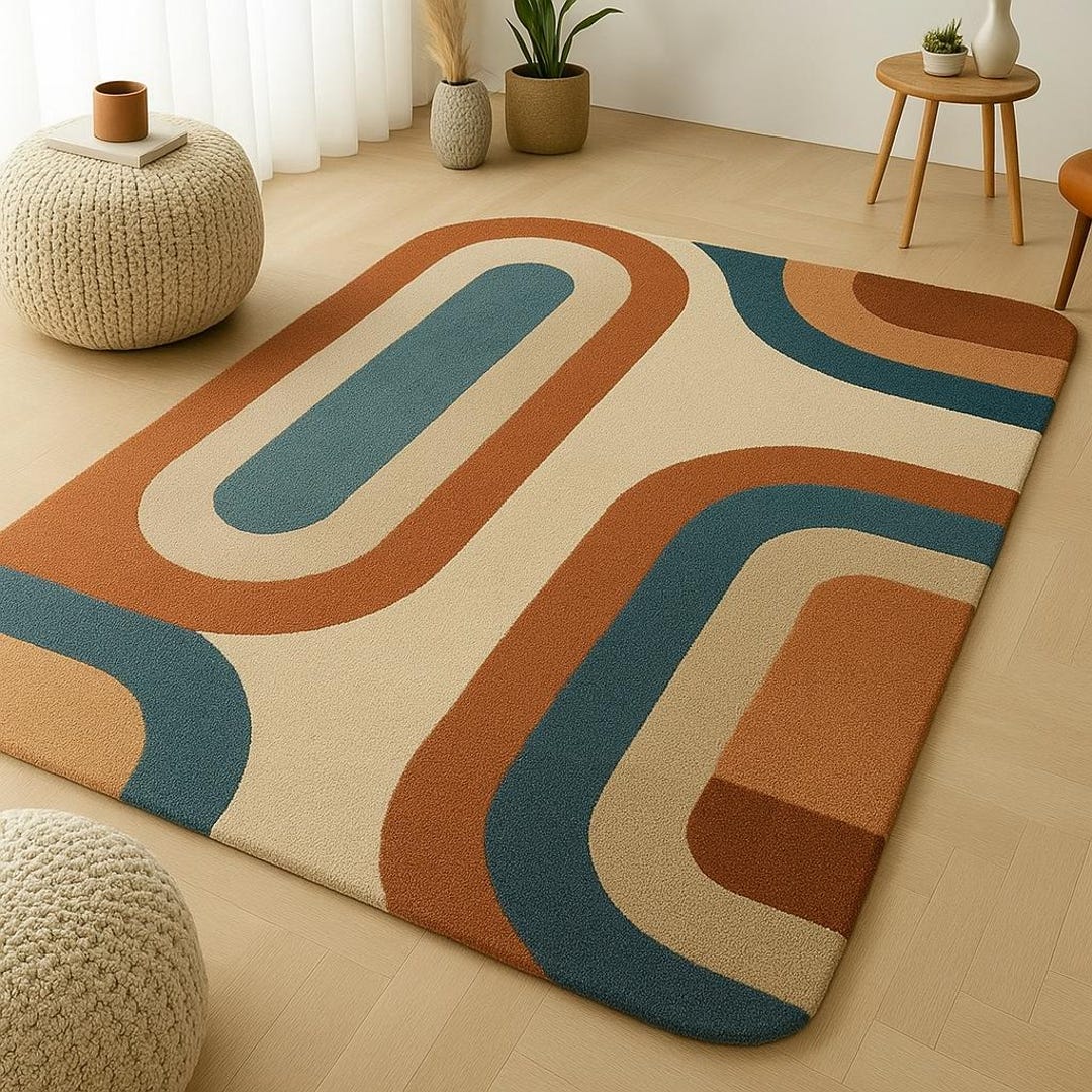 Vintage 70s Wool Rug | Mid Century Modern Hand Tufted Design in Teal ...