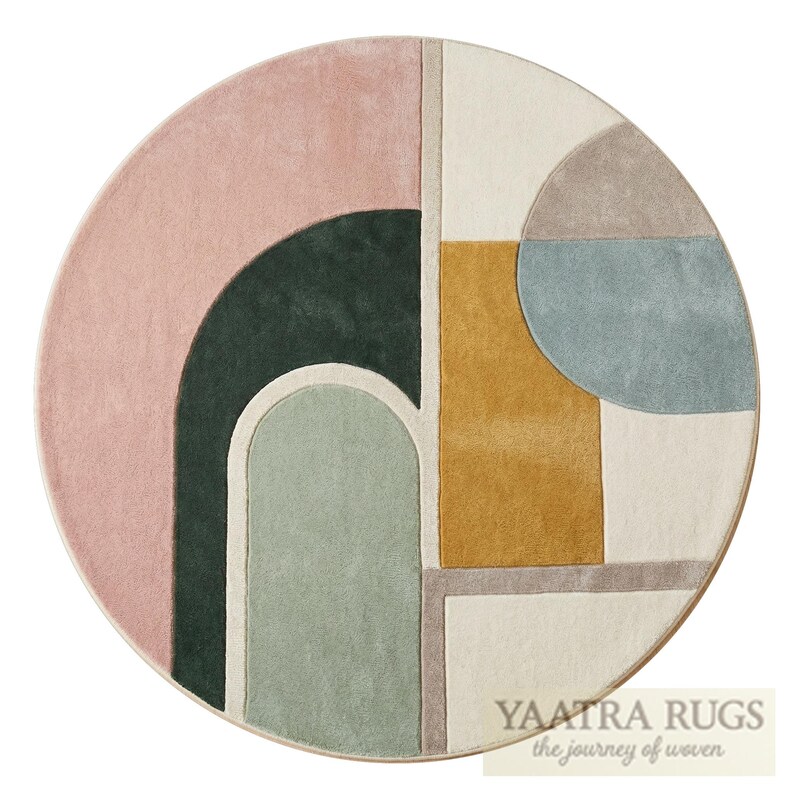 Round Modern Abstract Geometric Rug, Hand Tufted Designer Carpet ...