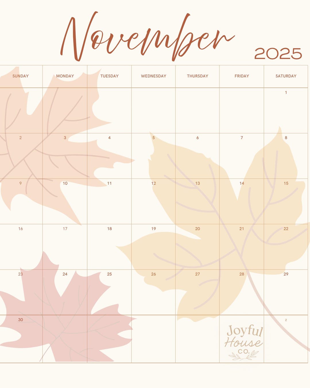 November Calendar Printable: Minimalist Fall Planner (digital Download ...