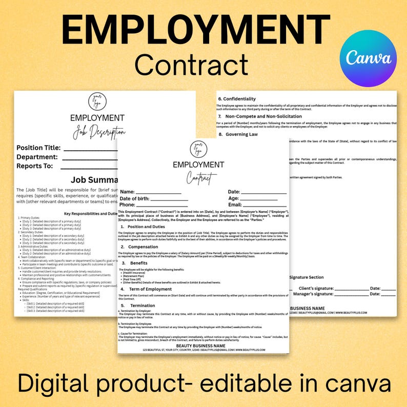Employment Contract Template, Editable HR Forms (canva), Job Agreement ...