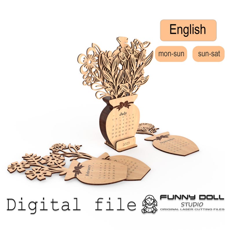 2026 Flower Vase Desk Calendar SVG, Laser Cut Files, Monthly Table ...
