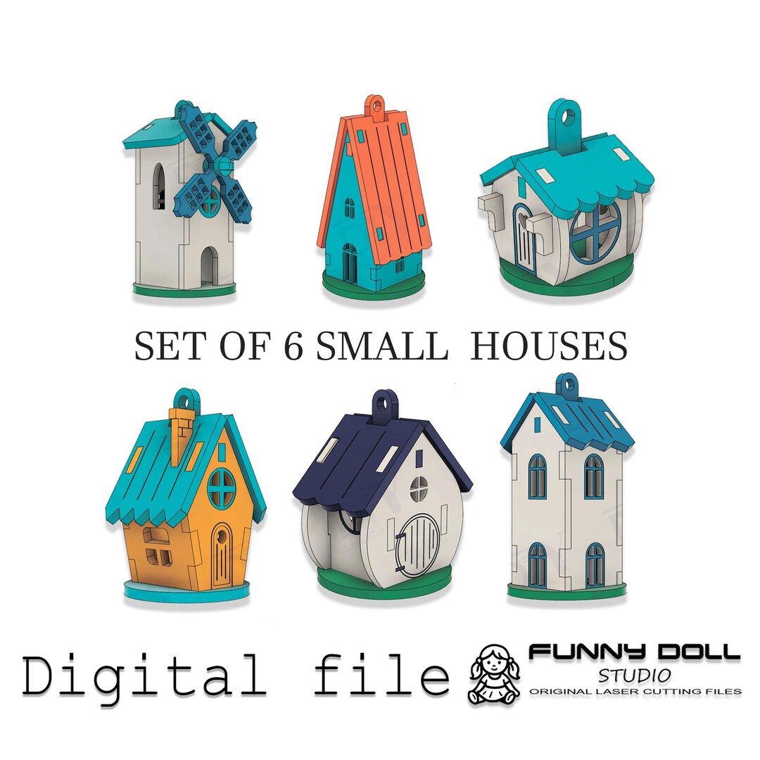 Cute Small Houses Set Laser Cut File, Christmas Tree Decorations, Set ...