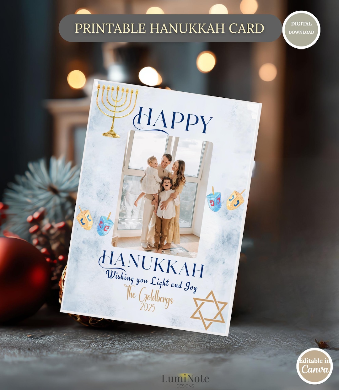 Printable Hanukkah Card Template | Editable Canva Holiday Greeting ...