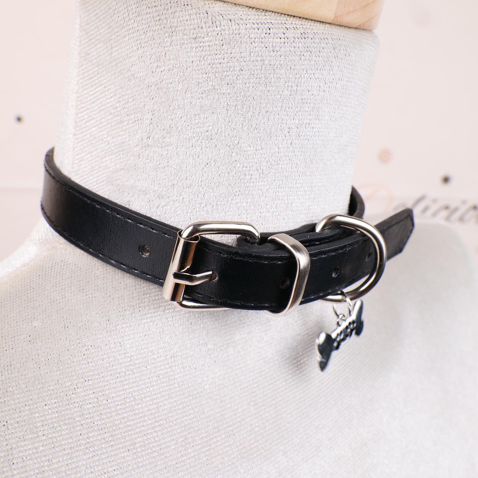 Black Leather Choker With Silver Dog Bone & Paw Print Charm, Adjustable ...