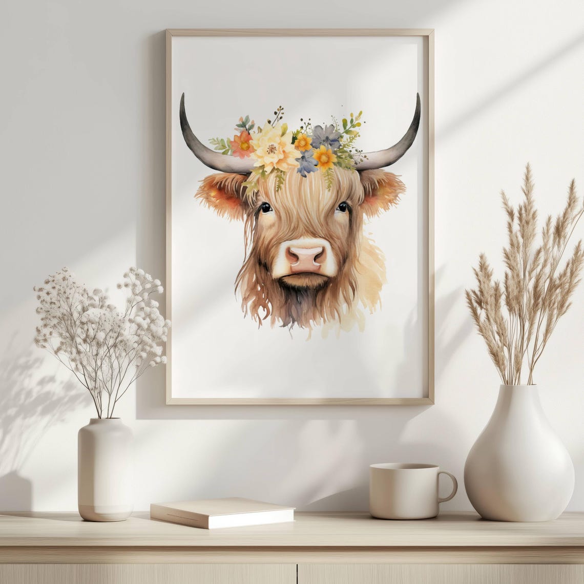 Highland Cow Floral Wreath Poster, Watercolor Farmhouse Wall Art (A3 ...