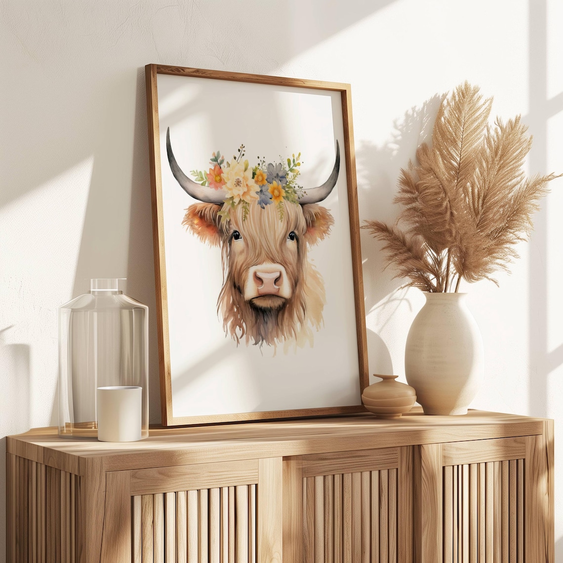 Highland Cow Floral Wreath Poster, Watercolor Farmhouse Wall Art (A3 ...