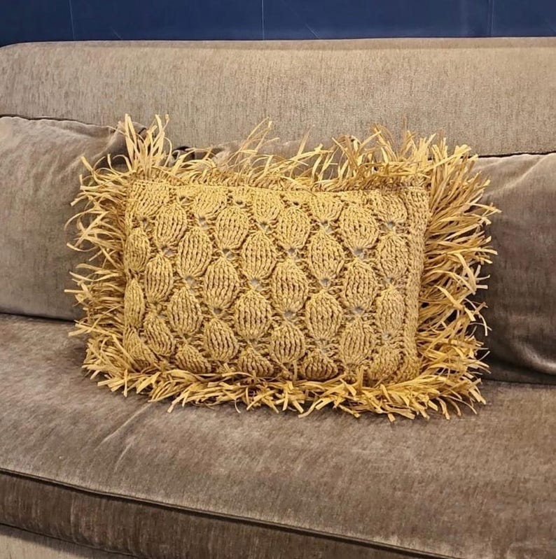 Nemo Raffia Pillow Cover – 48x48 Boho Fringe Cushion, Handmade Natural ...