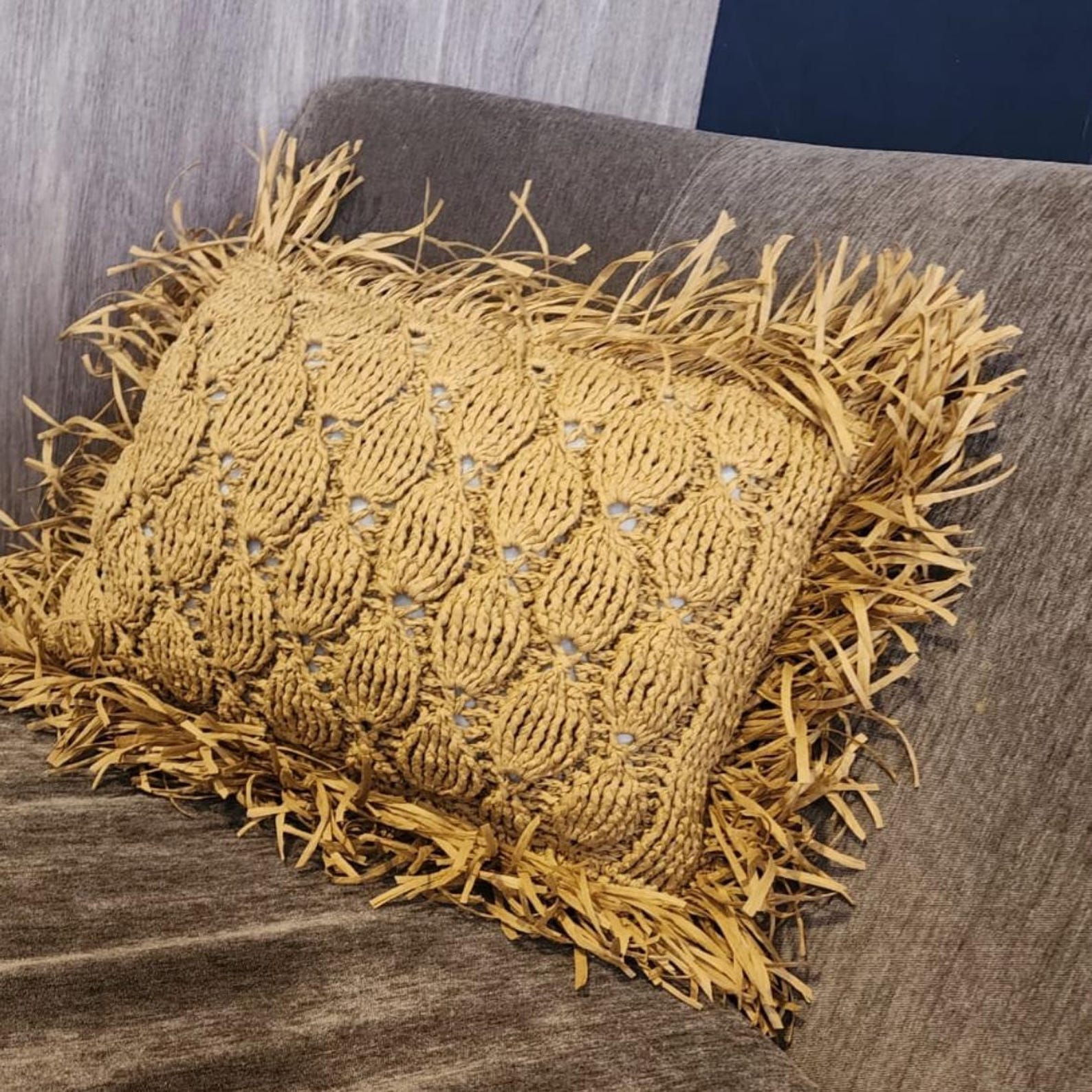 Nemo Raffia Pillow Cover – 48x48 Boho Fringe Cushion, Handmade Natural ...