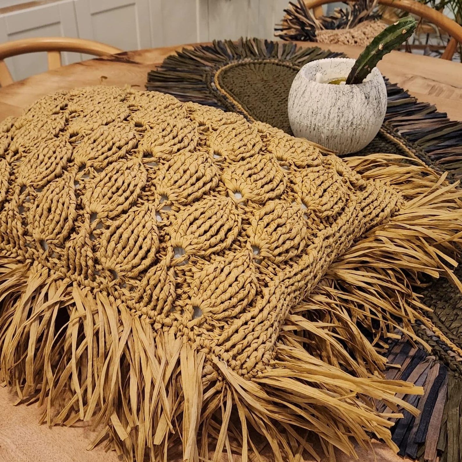 Nemo Raffia Pillow Cover – 48x48 Boho Fringe Cushion, Handmade Natural ...