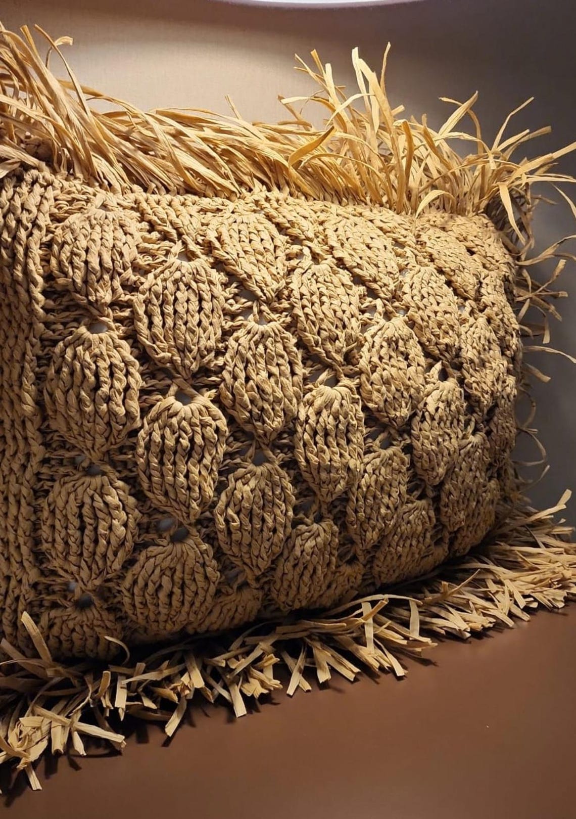 Nemo Raffia Pillow Cover – 48x48 Boho Fringe Cushion, Handmade Natural ...