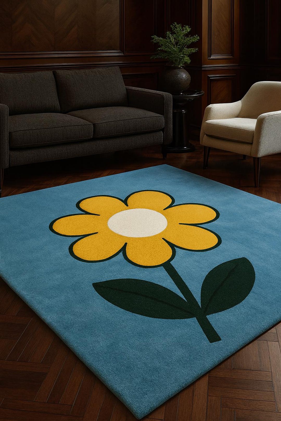 Hand Tufted Floral Area Rug, Blue Flower Carpet, Modern Botanical Rug ...