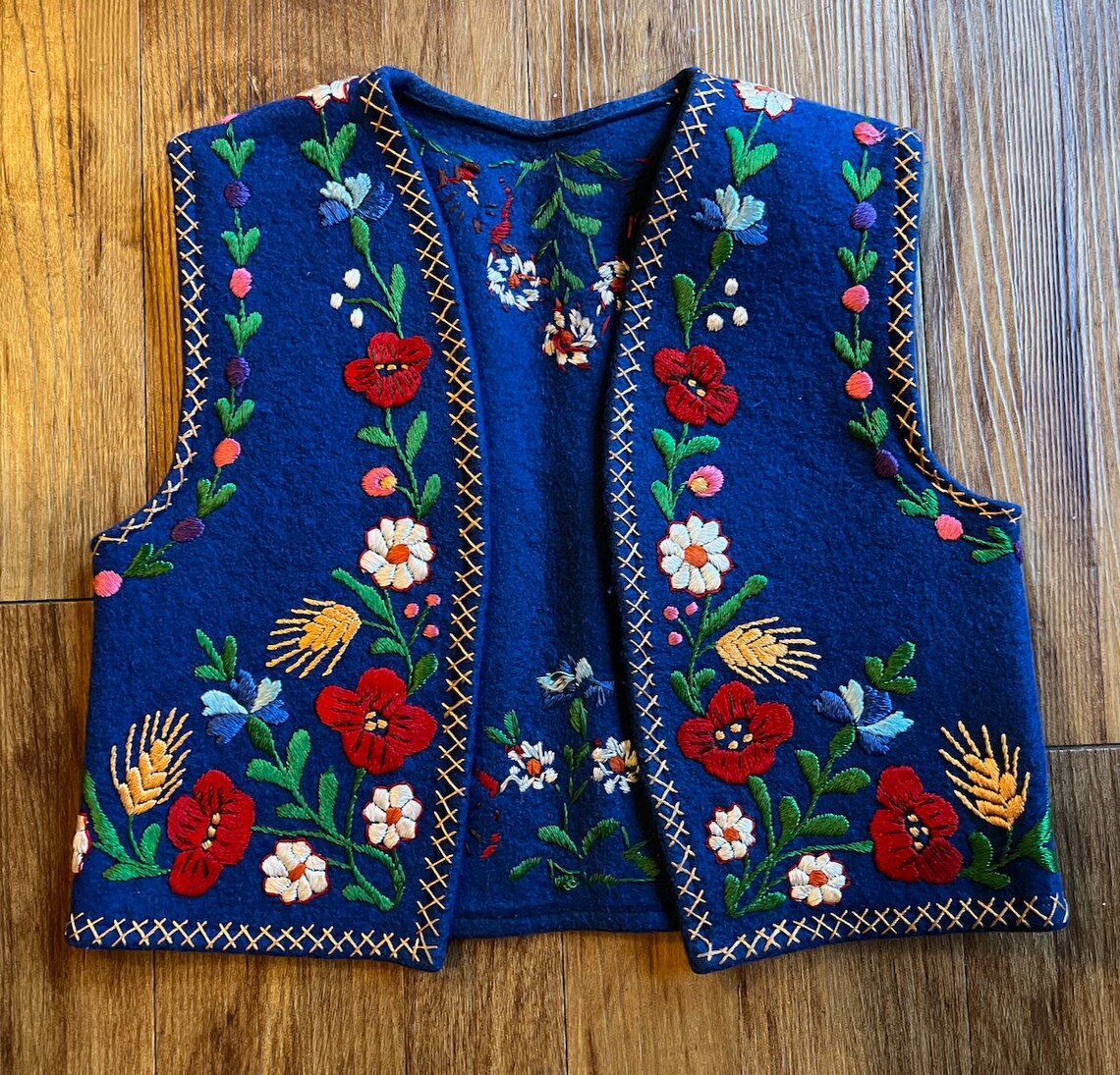 Vintage Hungarian Hand Embroidered Floral Child's Blue Felted Wool Vest ...