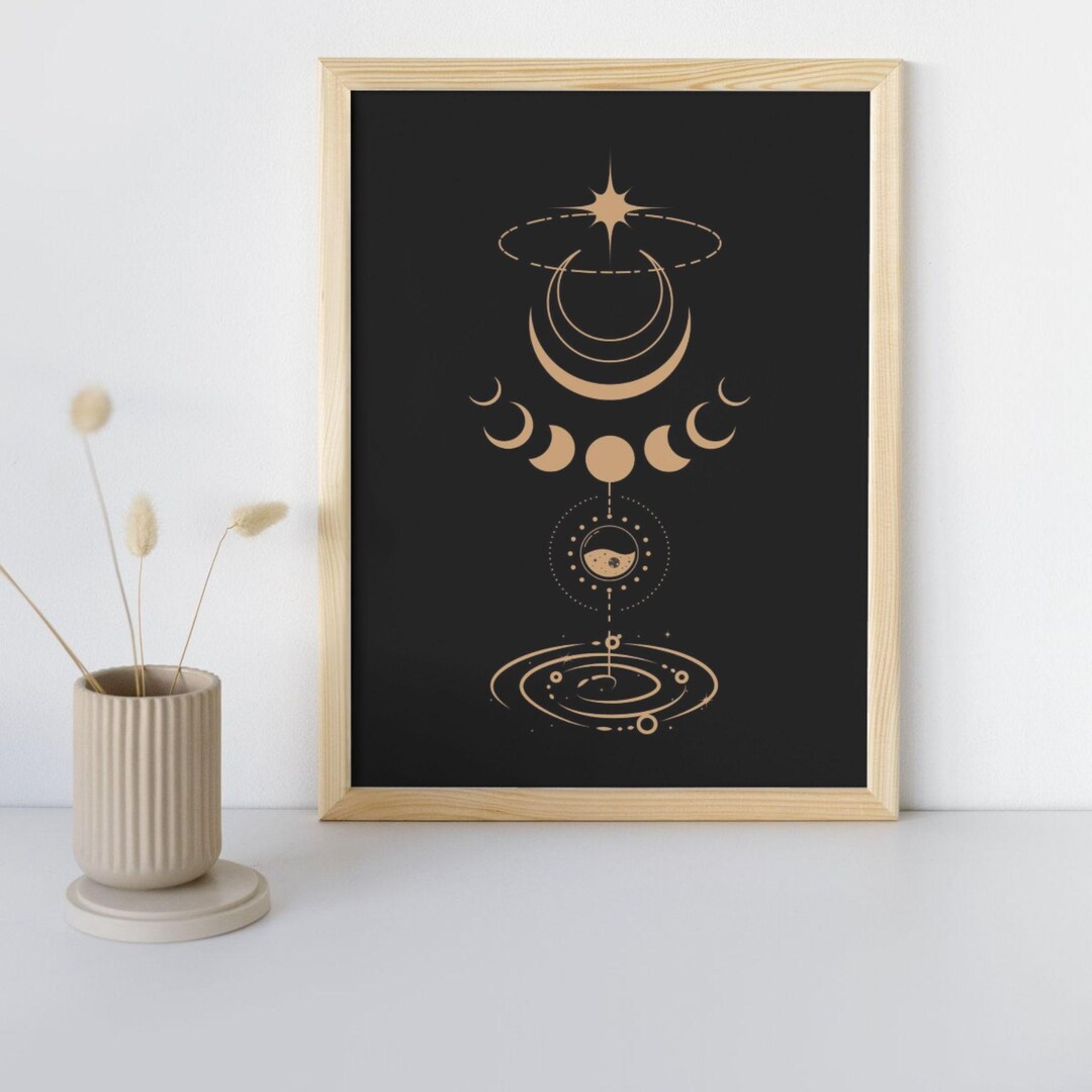 Celestial Balance Line Art Print: Black and Gold Moon Sun Decor ...