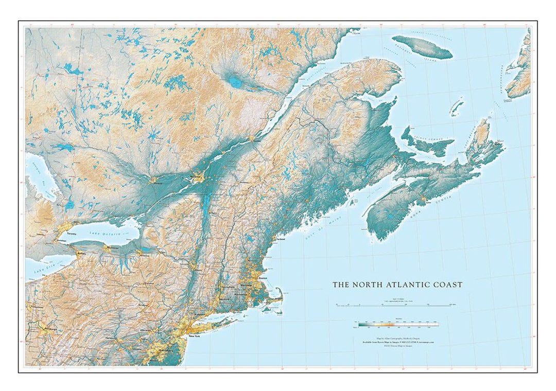 The North Atlantic Coast Elevation Tints Fine Art Print Map - Etsy
