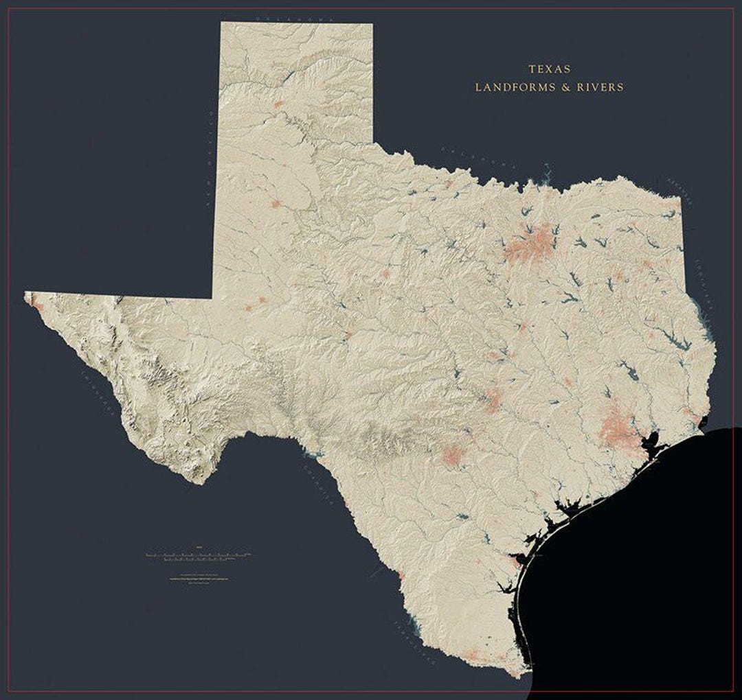 Texas Landforms and Rivers Fine Art Print Map - Etsy