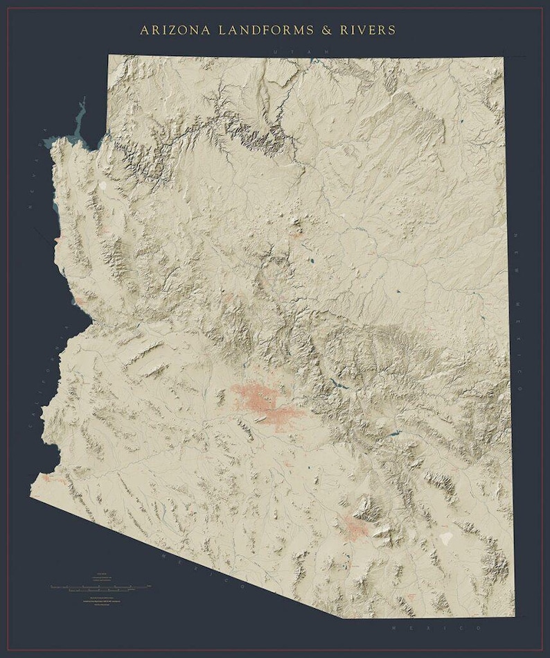 Arizona Landforms and Rivers Fine Art Print Map - Etsy