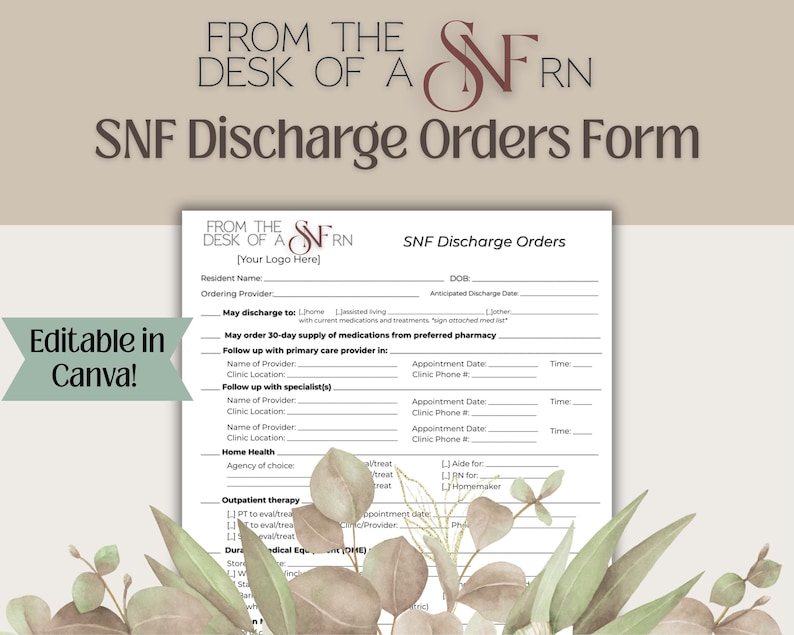 Editable SNF Discharge Orders Form for Nurses - Etsy