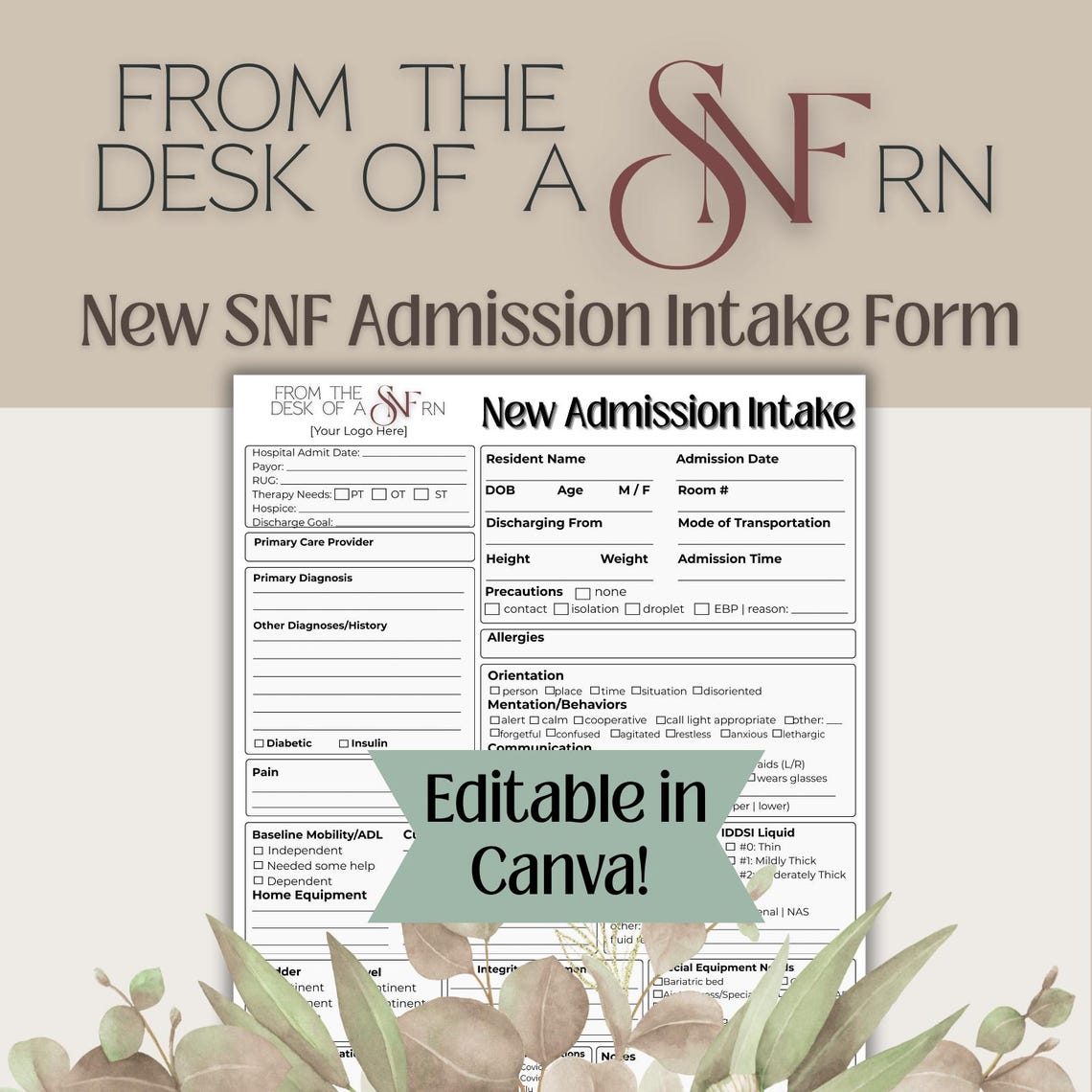 Editable SNF Admission Intake Form Template - Etsy