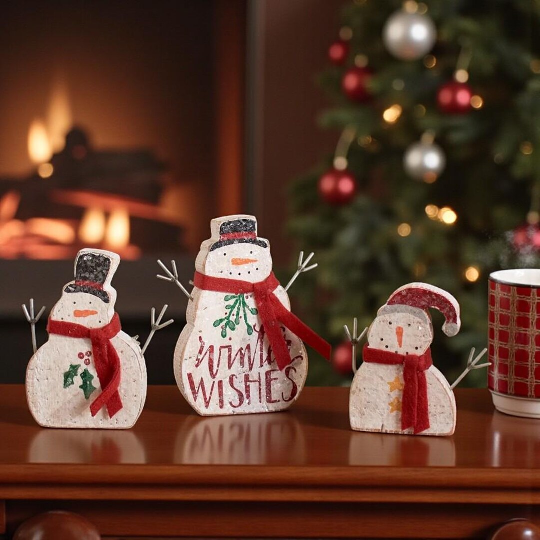 Set of 3 Small Chunky Wood Shelf Sitters – Snowman “winter Wishes” - Etsy