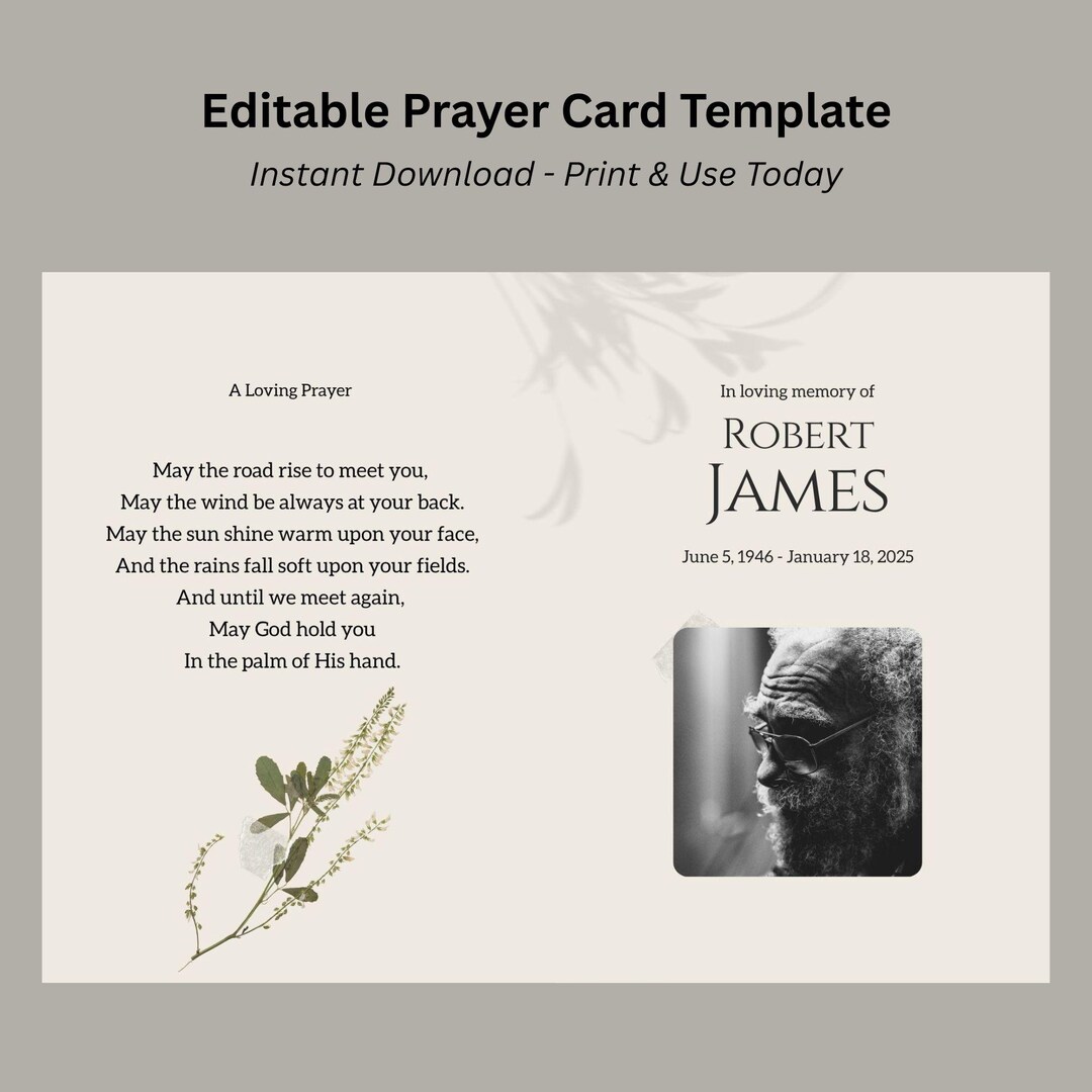 Editable Prayer Card Template | Memorial Bookmark | Celebration of Life ...