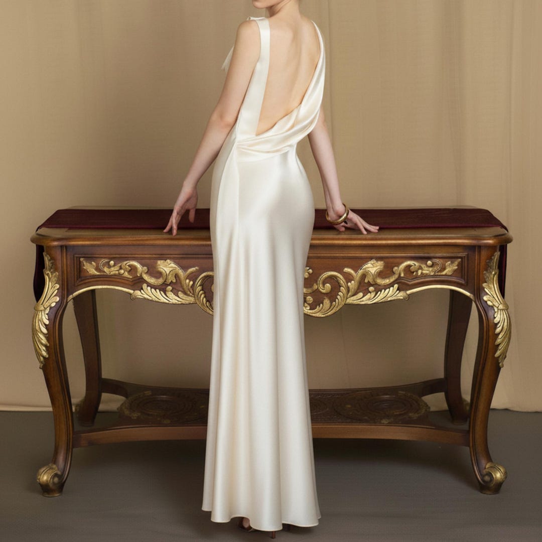 Custom Silk Dress Ivory Cowl Neck Open Back Gown Minimal Wedding Dress ...
