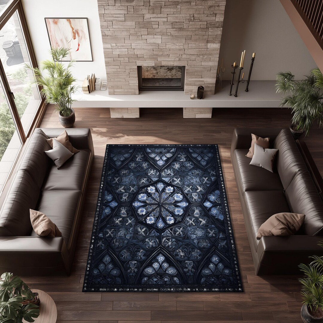 Gothic Cathedral Window Rug, Blue Baroque Carpet, Dark Elegant Home ...