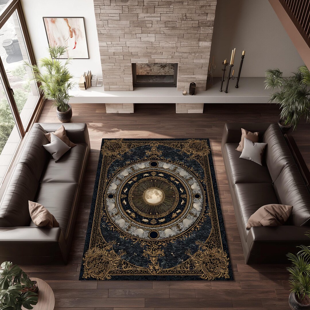 Celestial Moon Phase Rug, Gold Blue Gothic Carpet, Vintage Style ...