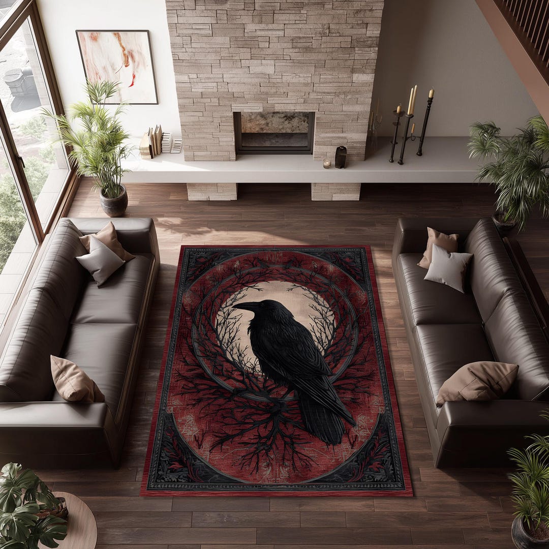 Raven Gothic Rug, Red Black Crow Carpet, Vintage Style Dark Fantasy ...