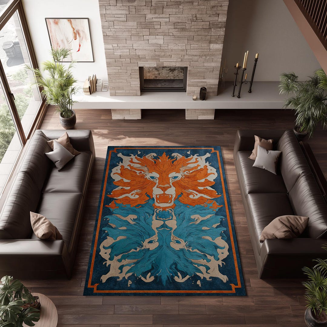 Lion Fire Water Rug, Fantasy Mythical Animal Carpet, Blue Orange Gothic ...